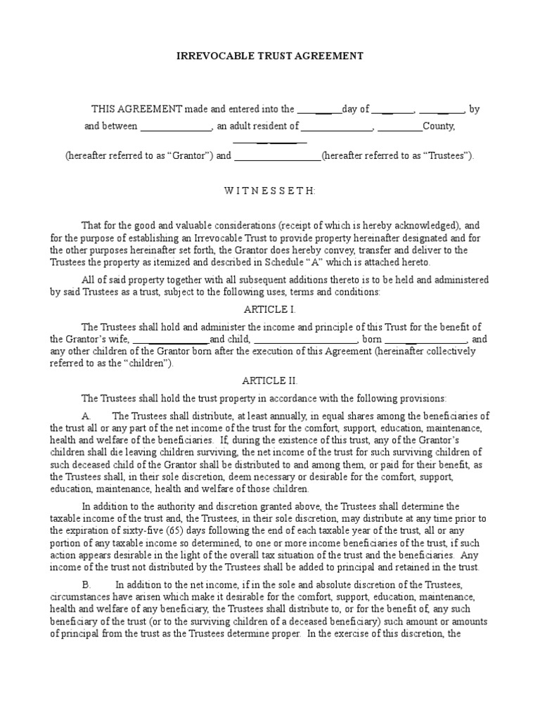 Irrevocable Trust Agreement Template | PDF | Trust Law | Life Insurance