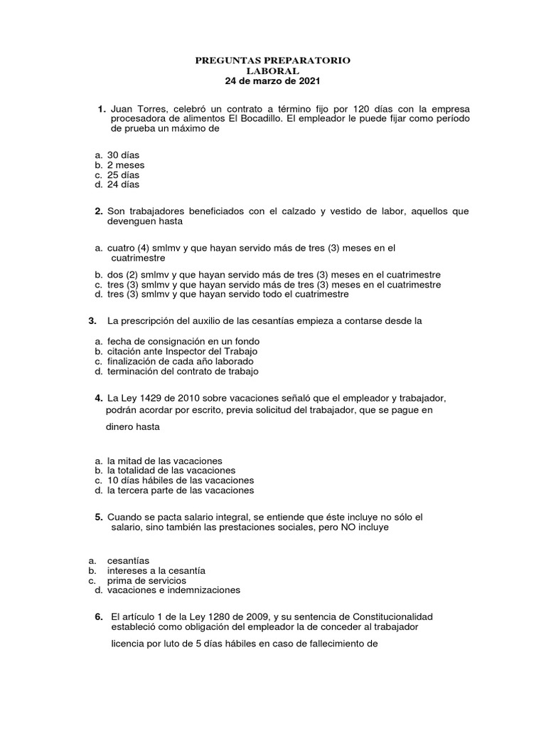 Banco de Preguntas Completo Preparatorio Laboral 24 03 21 | PDF | Pensión | Sindicato