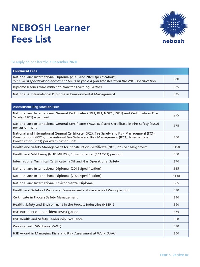 NEBOSH Learner Fees List: To Apply On or After The 1 December 2020 | PDF | Safety | Business