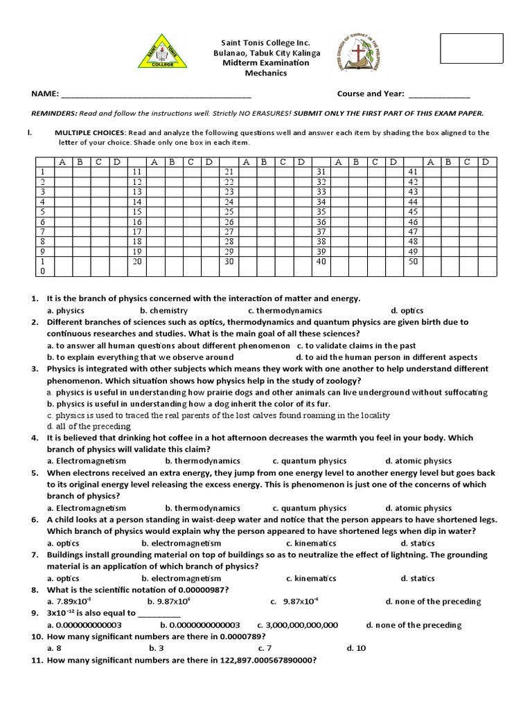 MULTIPLE CHOICES: Read and Analyze The Following Questions Well and ...