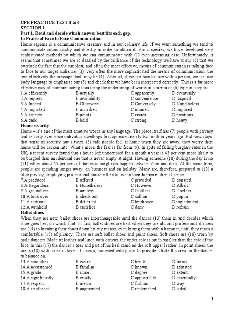 Cpe Practice Test 3 & 4 Section 1 Part 1. Read and Decide Which Answer ...