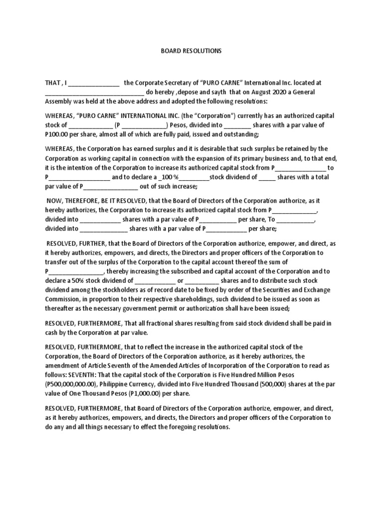 Board Resolution On Stock Dividends | PDF | Dividend | Corporations