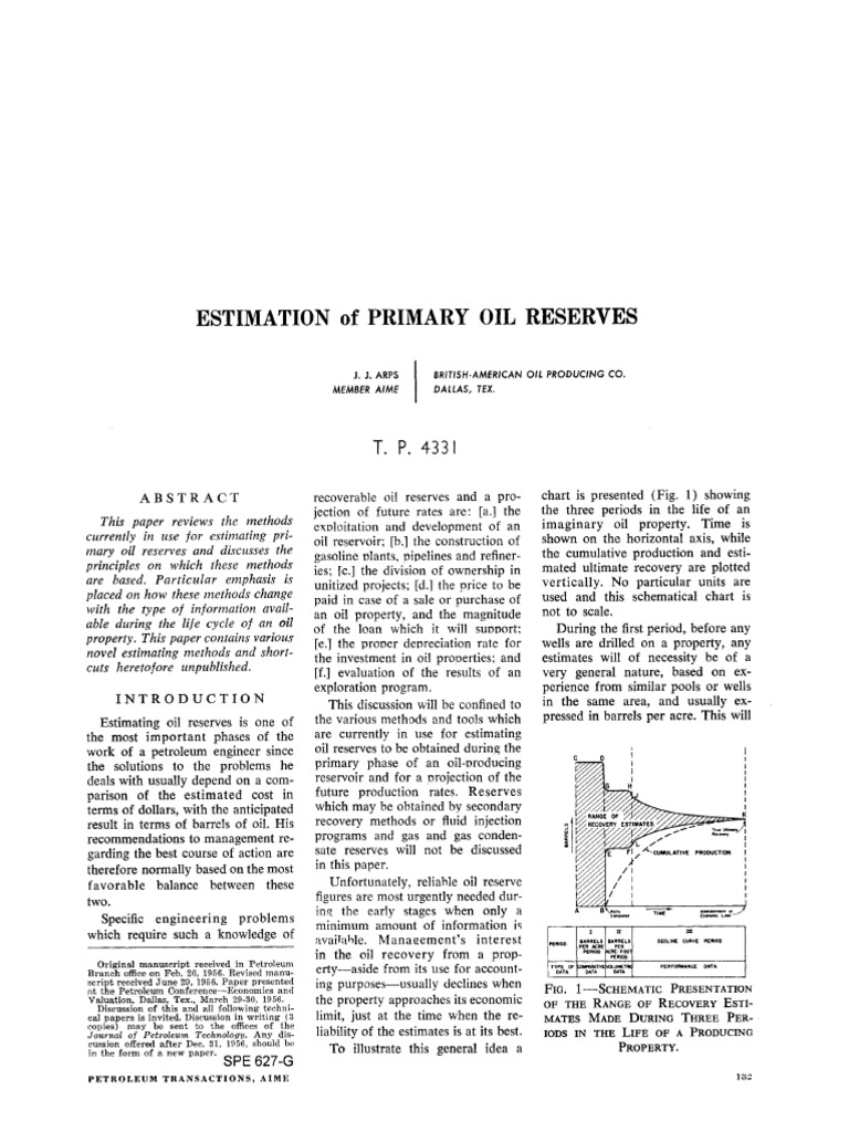 PAPER Arps, J.J. Estimation of Primary Oil Reserves AIME, 207 1956 | PDF