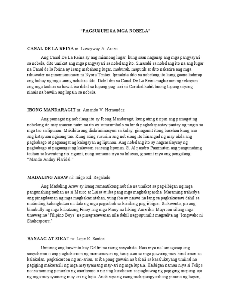 Pagsusuri Sa Mga Nobela | PDF