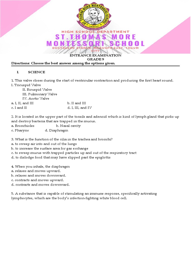 Grade 9 Entrance Exam Practice Test | PDF | Cellular Respiration ...