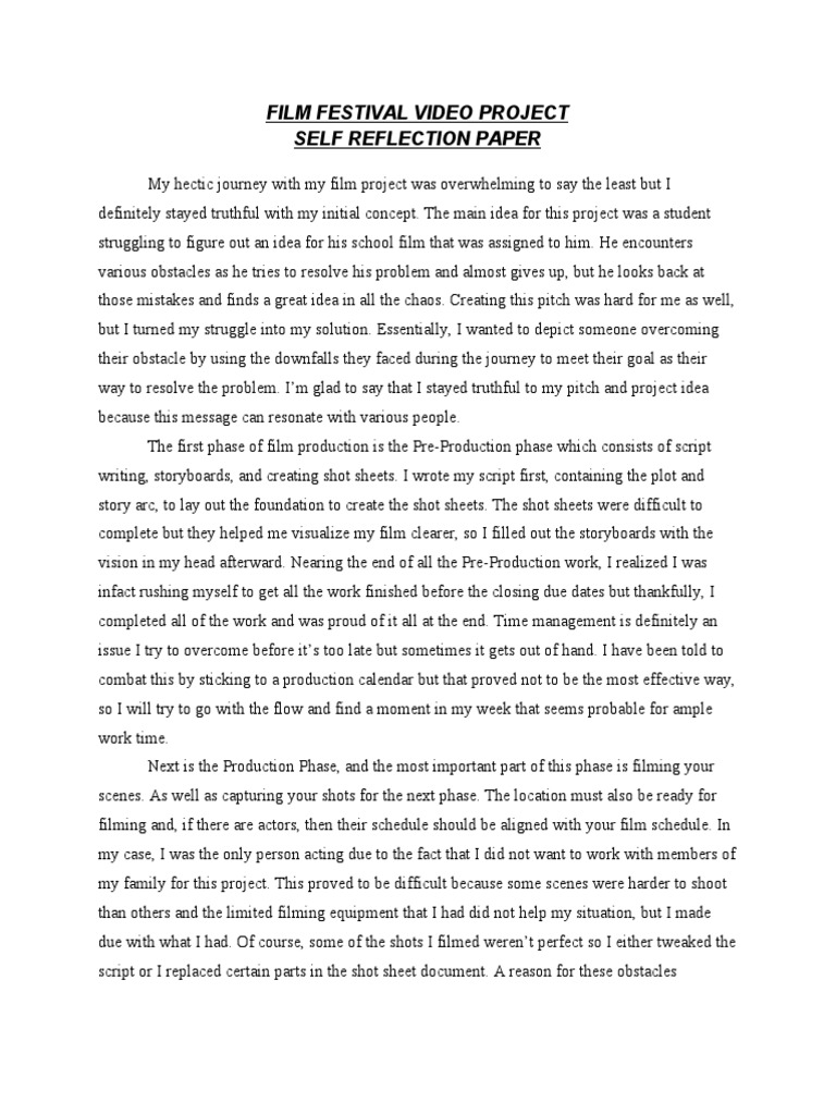 Film Festival Video Project Self Reflection Paper | PDF