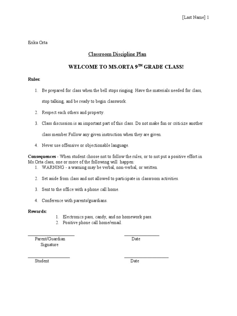 Classroom Discipline Plan Welcome To Ms - Orta 9: Rules | PDF ...