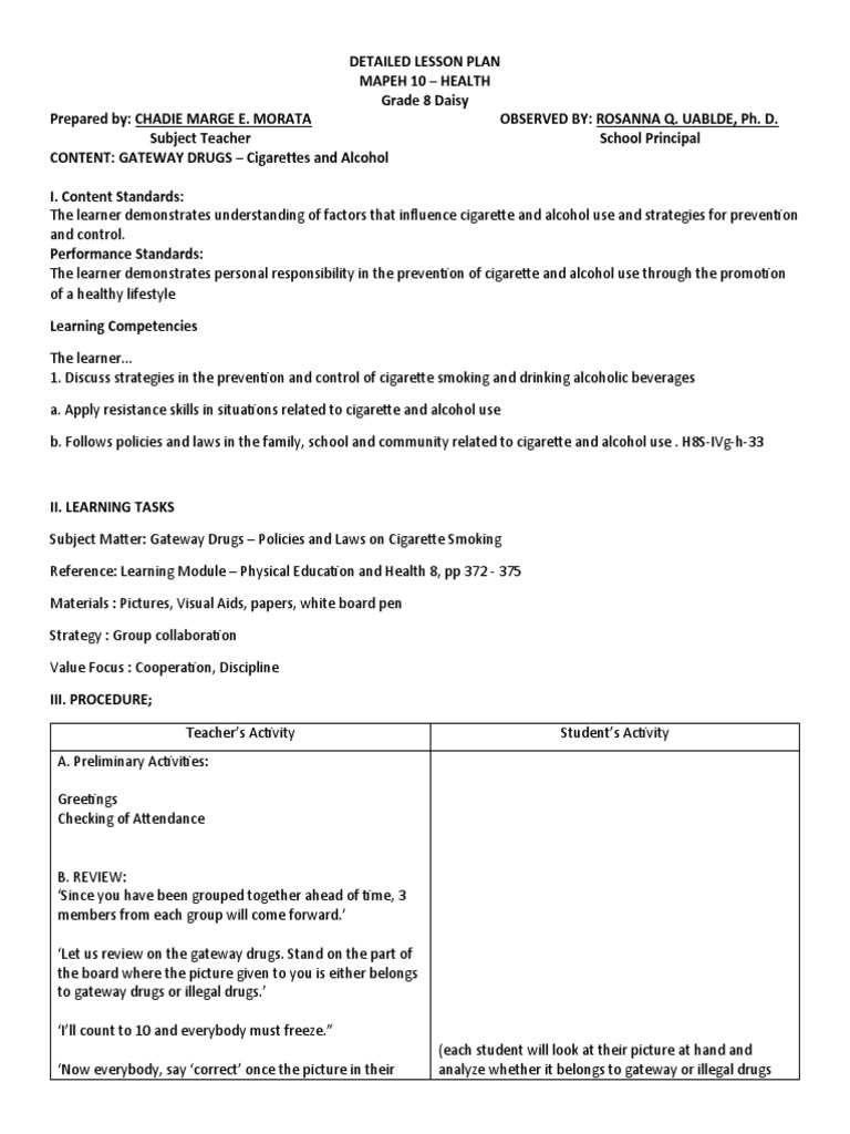 Grade 8 Lesson Plan on Gateway Drugs | PDF | Tobacco Smoking | Addiction