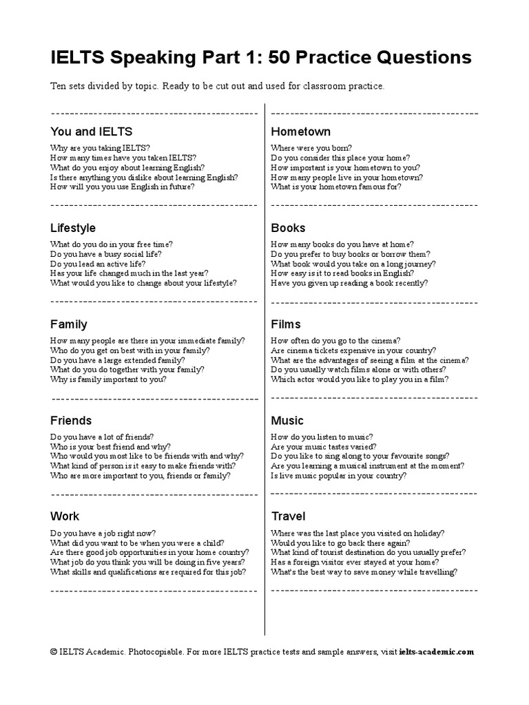 Ielts Speaking Part 1 Practice Cards | PDF | International English ...