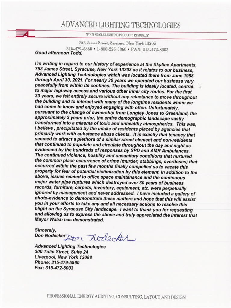 Advanced Lighting Technologies Letter, Re: Skyline | PDF