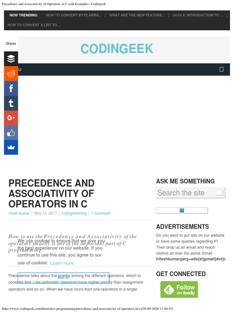 Precedence and Associativity of Operators in C With Examples Codingeek | PDF | Pointer (Computer ...