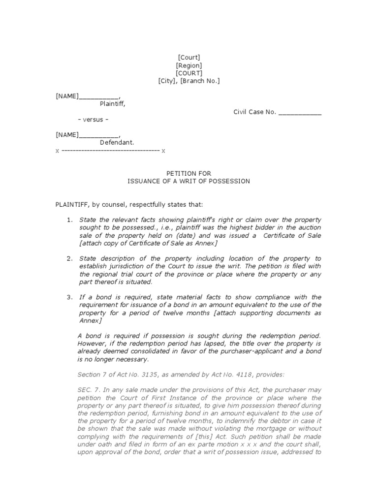 MyLegalWhiz - Petition For Issuance of A Writ of Possession Ex-Parte ...