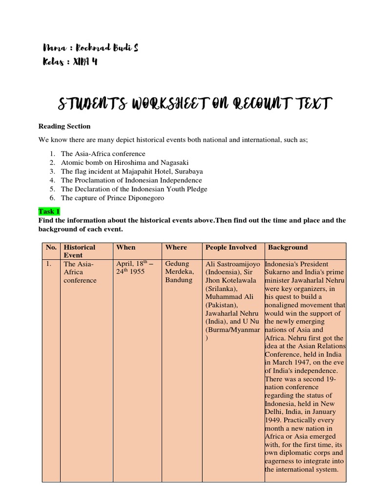Reading Student Worksheet Recount | PDF | Indonesia | Unrest