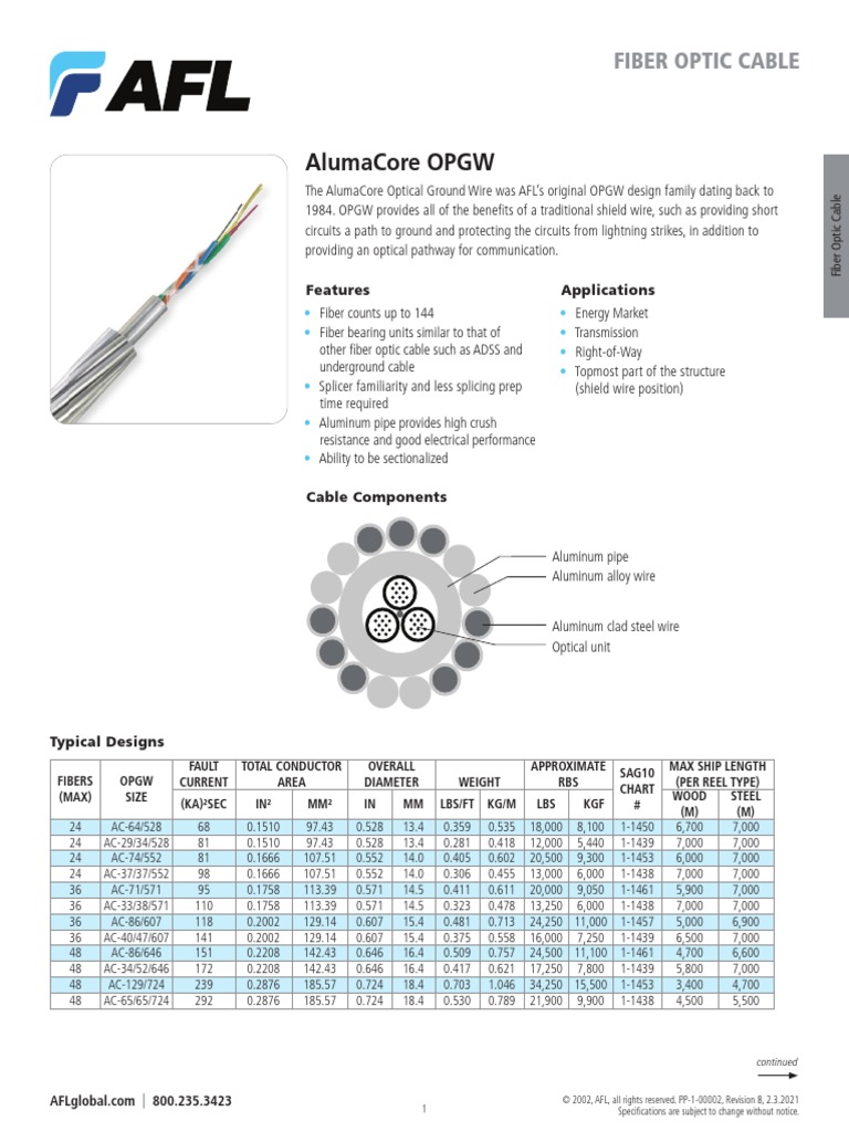 Alumacore Opgw: Fiber Optic Cable | PDF | Manufactured Goods | Equipment