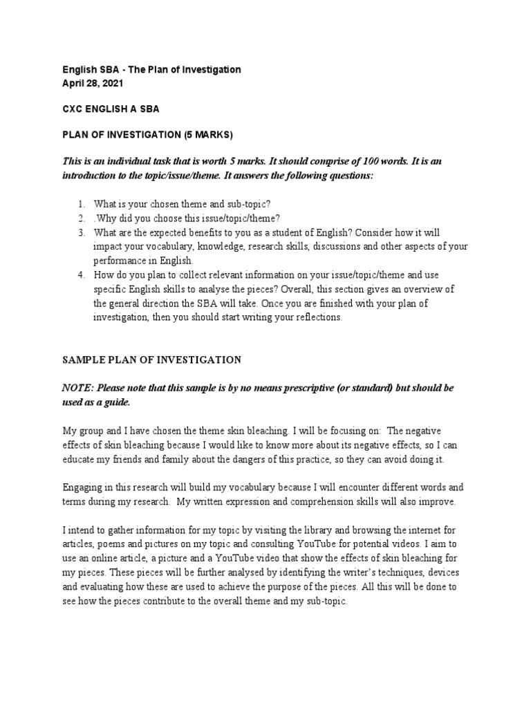 English SBA - The Plan of Investigation | PDF