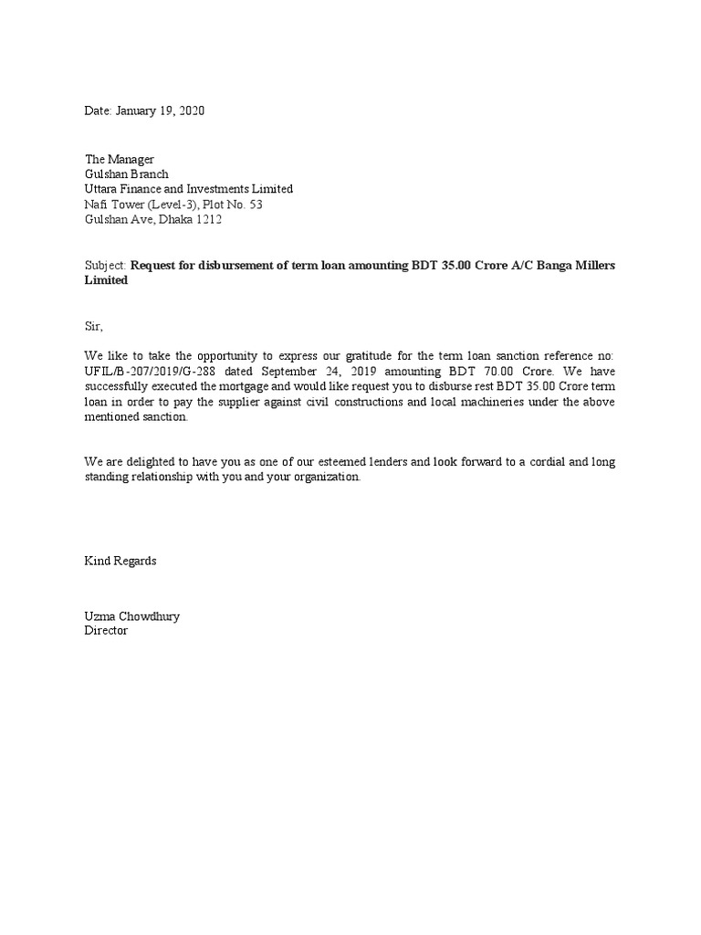 Disbursement Letter-BML Uttara Finance | PDF