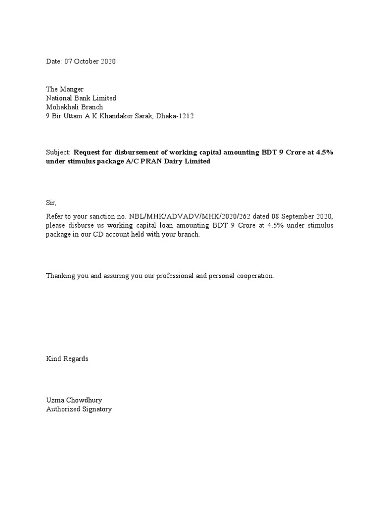 Disbursement Request Letter NBL | PDF