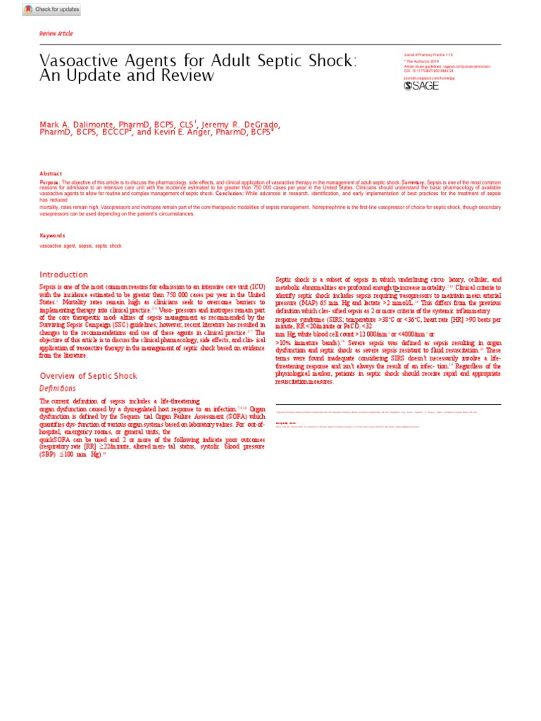 Vasoactive Agents For Adult Septic Shock: An Update and Review | PDF | Sepsis | Shock (Circulatory)