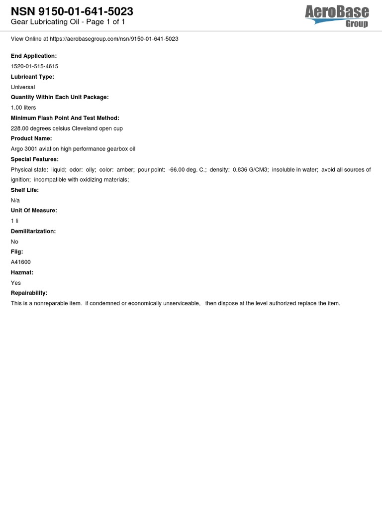 NSN 9150-01-641-5023 Datasheet (AeroBase Group) | PDF