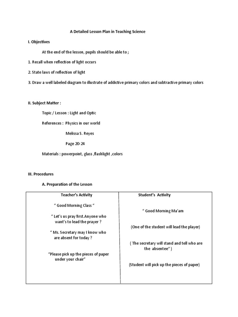 A Detailed Lesson Plan in Teaching Science | PDF | Light | Reflection ...