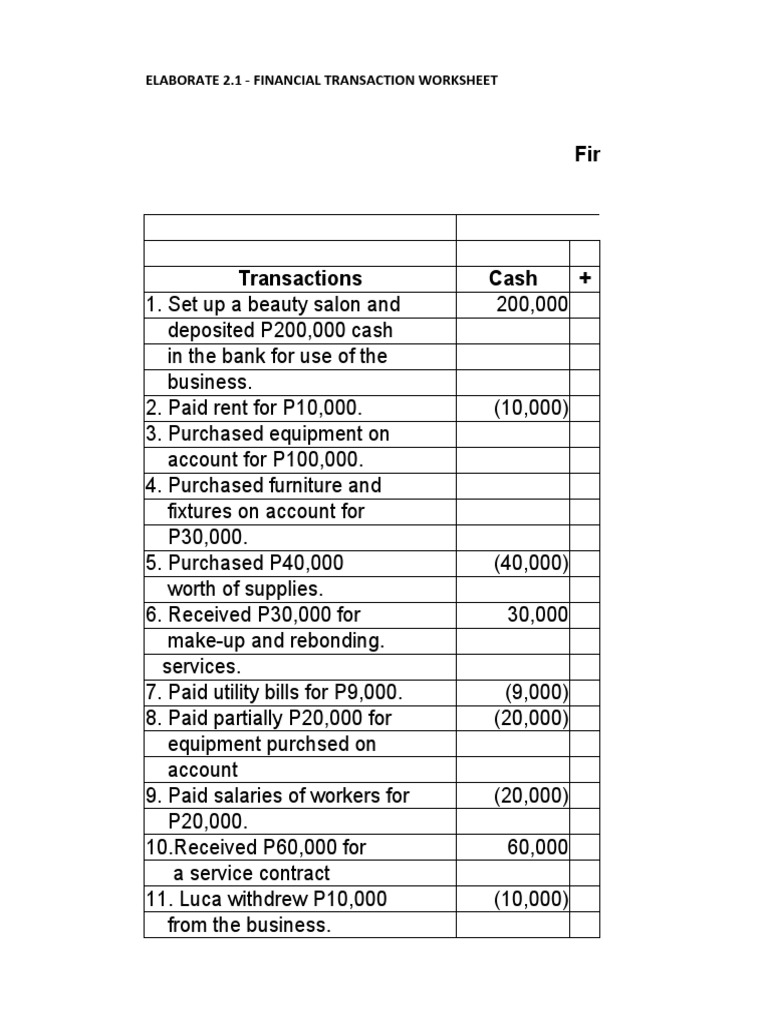 Financial Transaction Worksheet | PDF