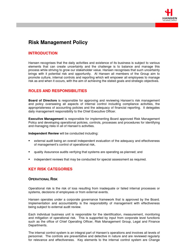 Risk Management Policy | PDF | Internal Control | Risk Management