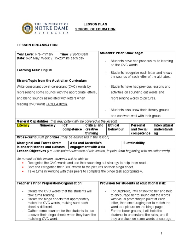 English CVC Word Week 2 Lesson Plan | PDF | Literacy | Lesson Plan