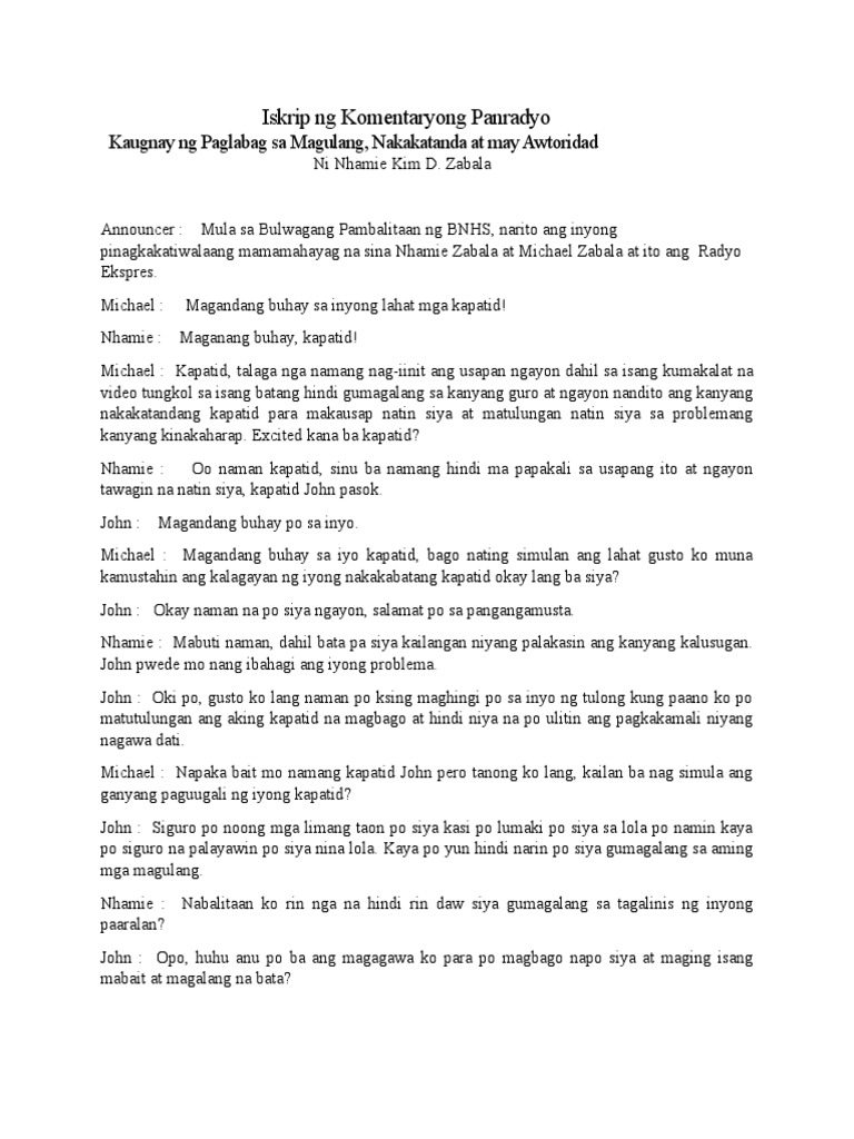 Iskrip NG Komentaryong Panradyo | PDF