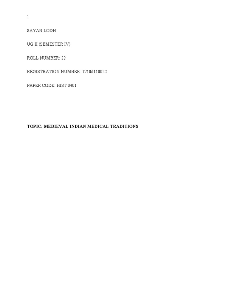 SAYAN LODH, UG2 IA, Medieval Indian Medicine | PDF | Ayurveda | Medicine