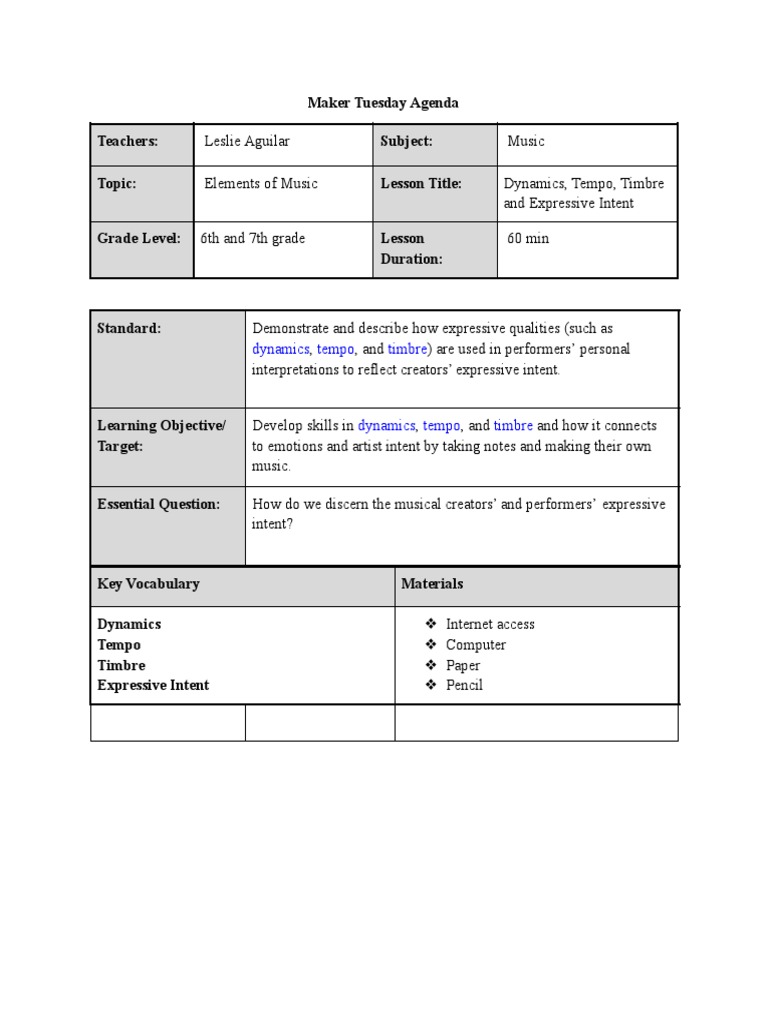 Elements of Music Lesson | PDF | Teachers | Human Nature