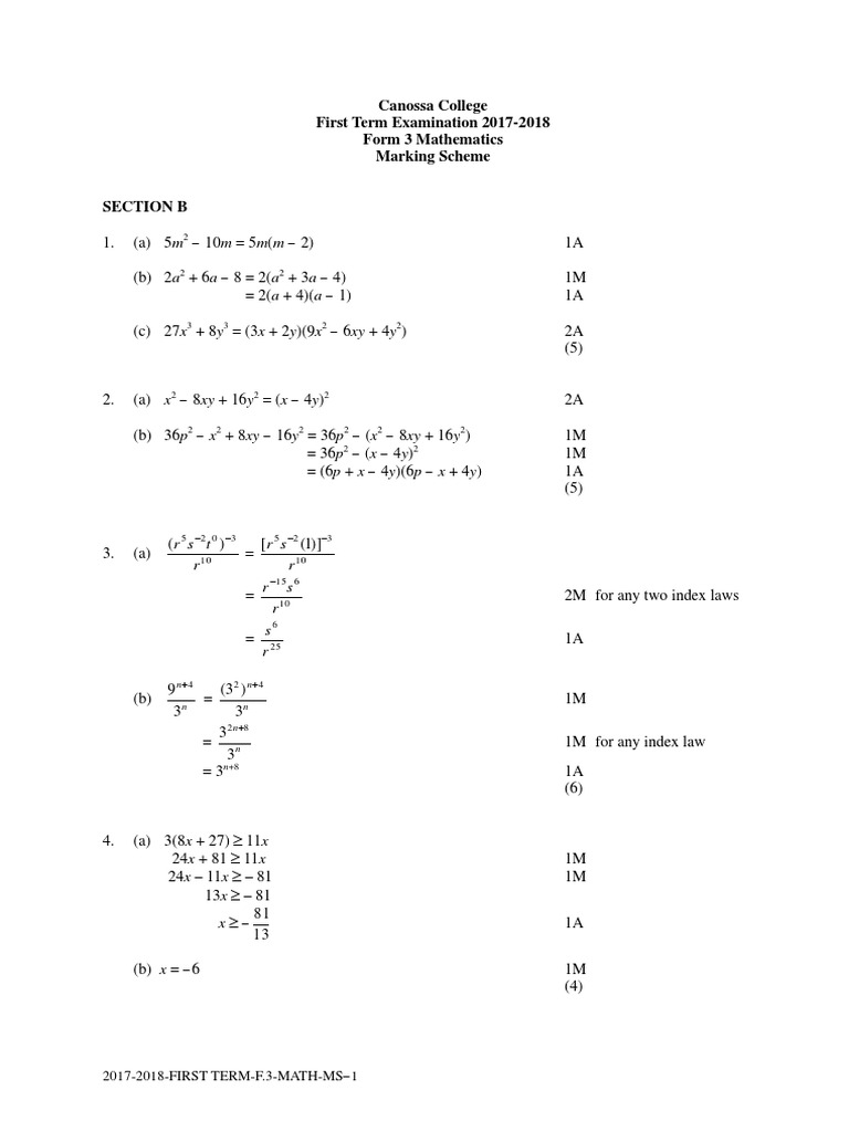 Canossa College F3 1st Term Exam (Answer) | PDF | Teaching Mathematics ...