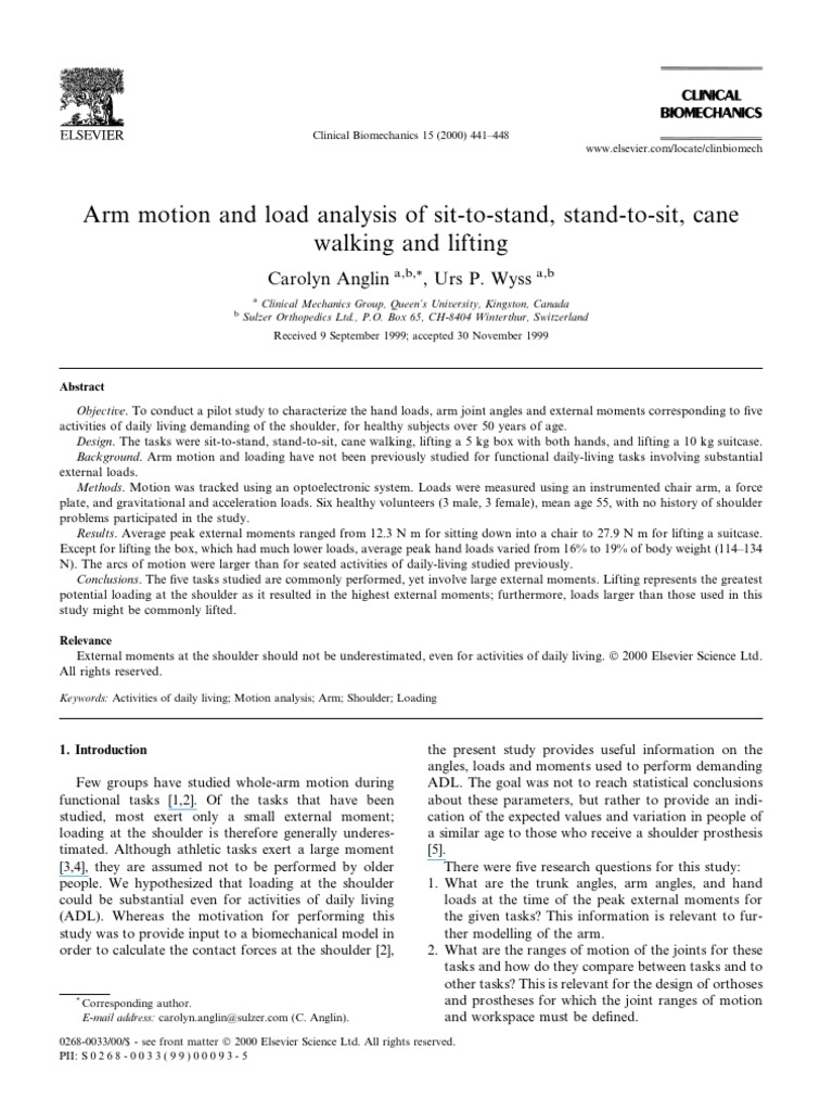 Arm Motion and Load Analysis of Sit-To-Stand, Stand-To-Sit, Cane ...