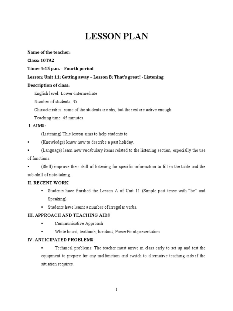 Listening Lesson Plan for Unit 11 | PDF | Question | Teachers