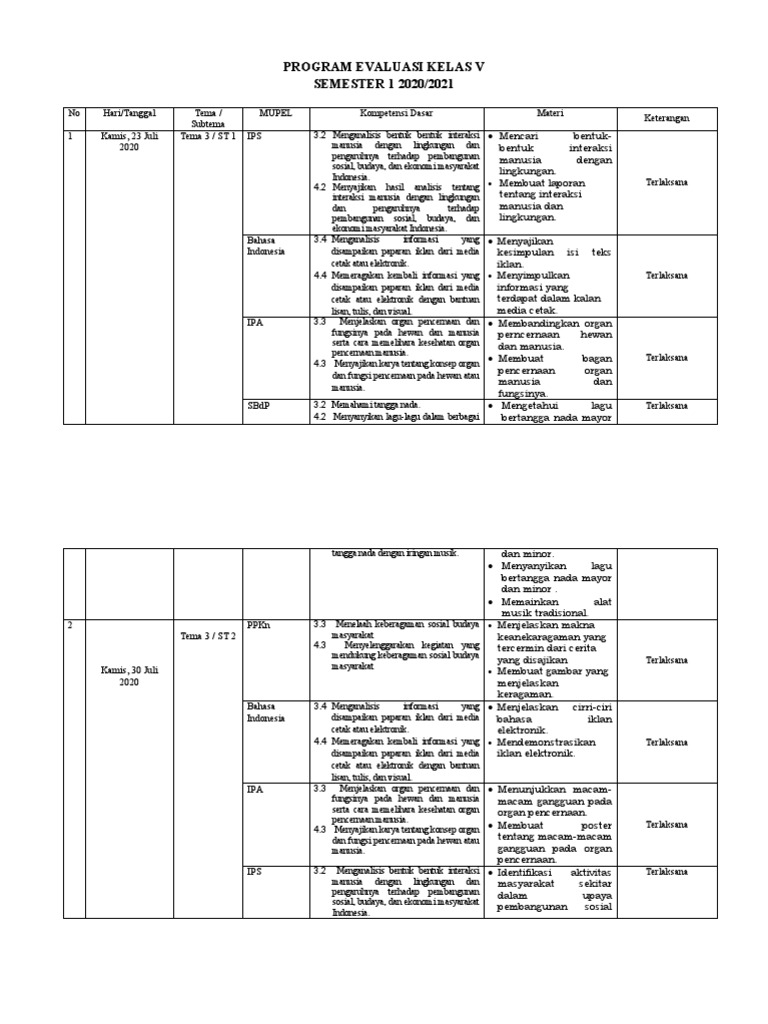 Program Evaluasi Kelas V | PDF