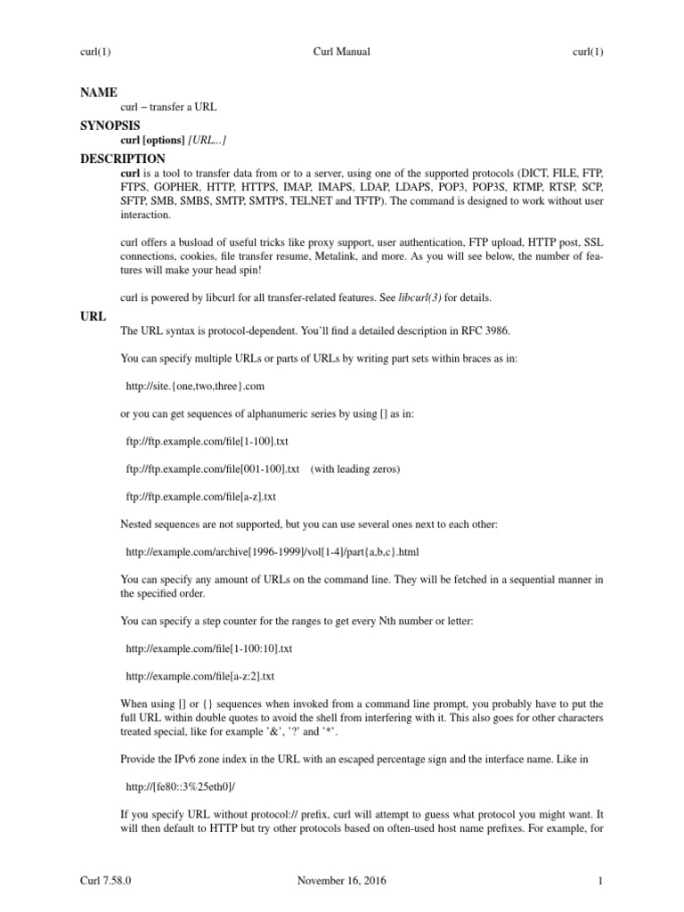 Name Synopsis Description: Curl (Options) (URL... ) | PDF | File Transfer Protocol | Transport ...