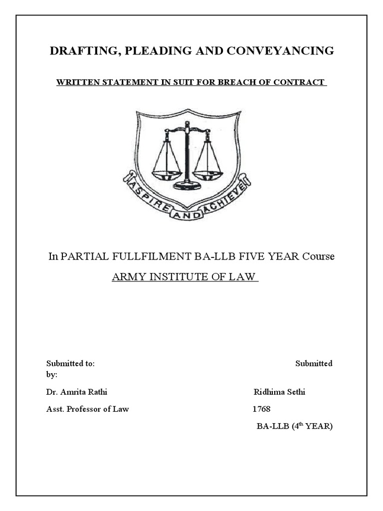 Drafting, Pleading and Conveyancing: in Partial Fullfilment Ba-Llb Five ...