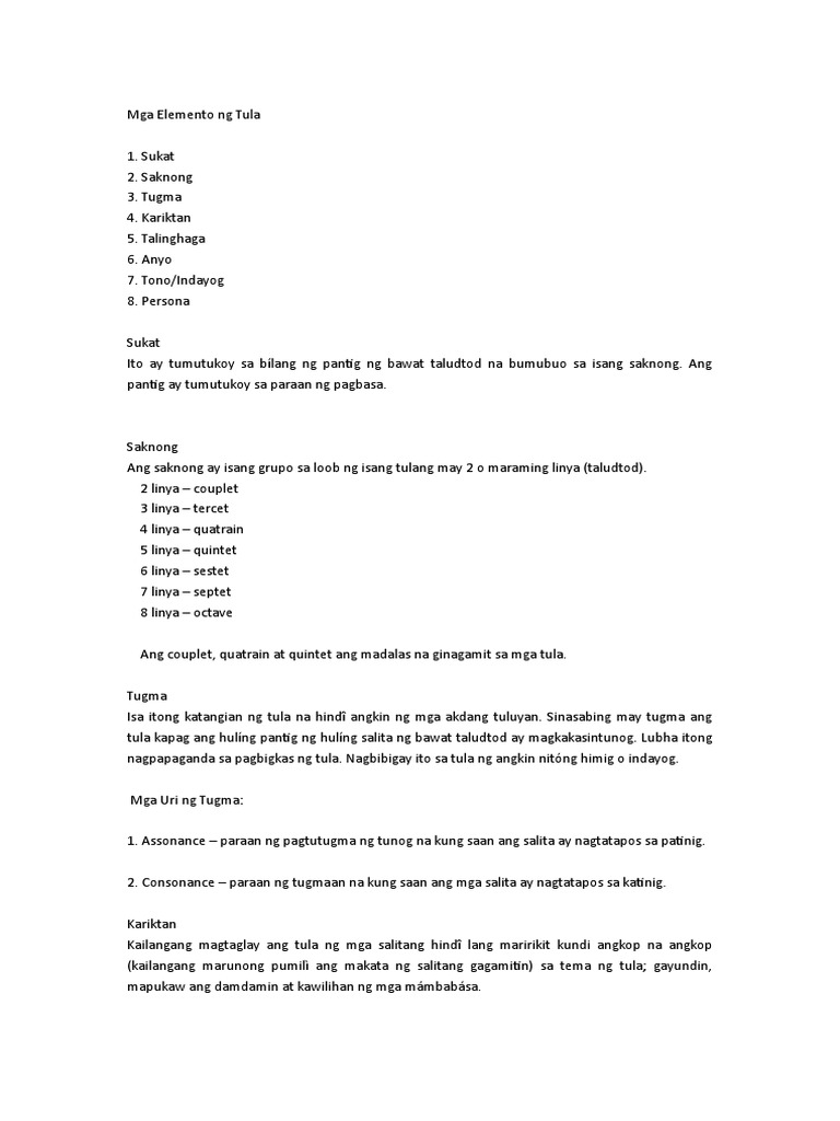 Mga Elemento NG Tula | PDF