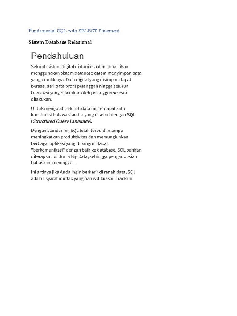 Sistem Database Relasional: Fundamental SQL With SELECT Statement | PDF | Data Model | Computer ...
