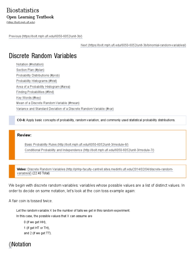 Discrete Random Variables Biostatistics College of Public Health and ...