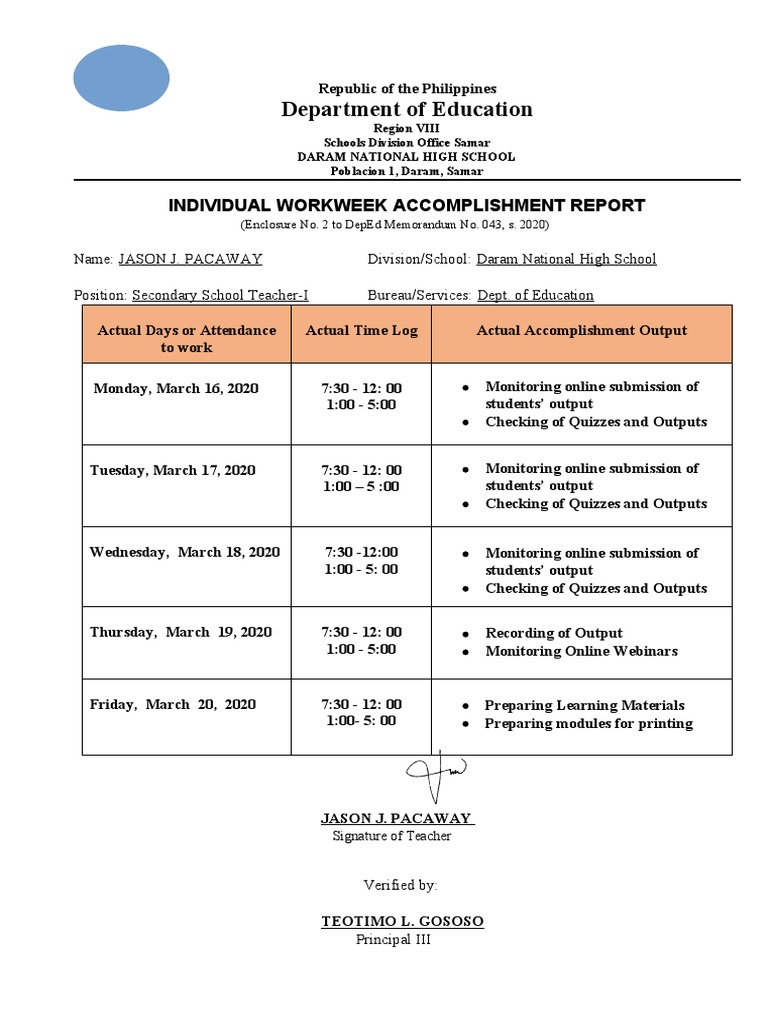 Department of Education: Individual Workweek Accomplishment Report | PDF