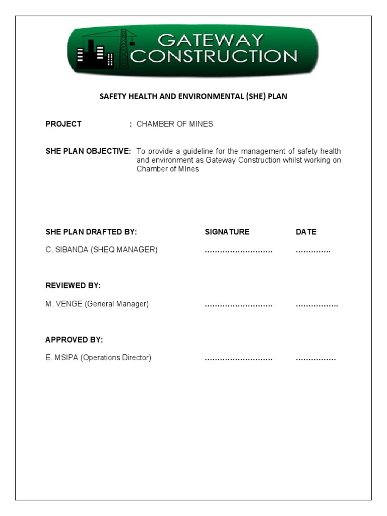 Safety Health and Environmental (She) Plan: Project: Chamber of Mines ...