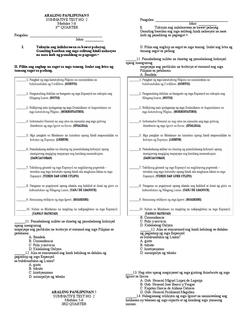 Summative Test No. 2 - ARALING PANLIPUNAN 5 FIL. | PDF