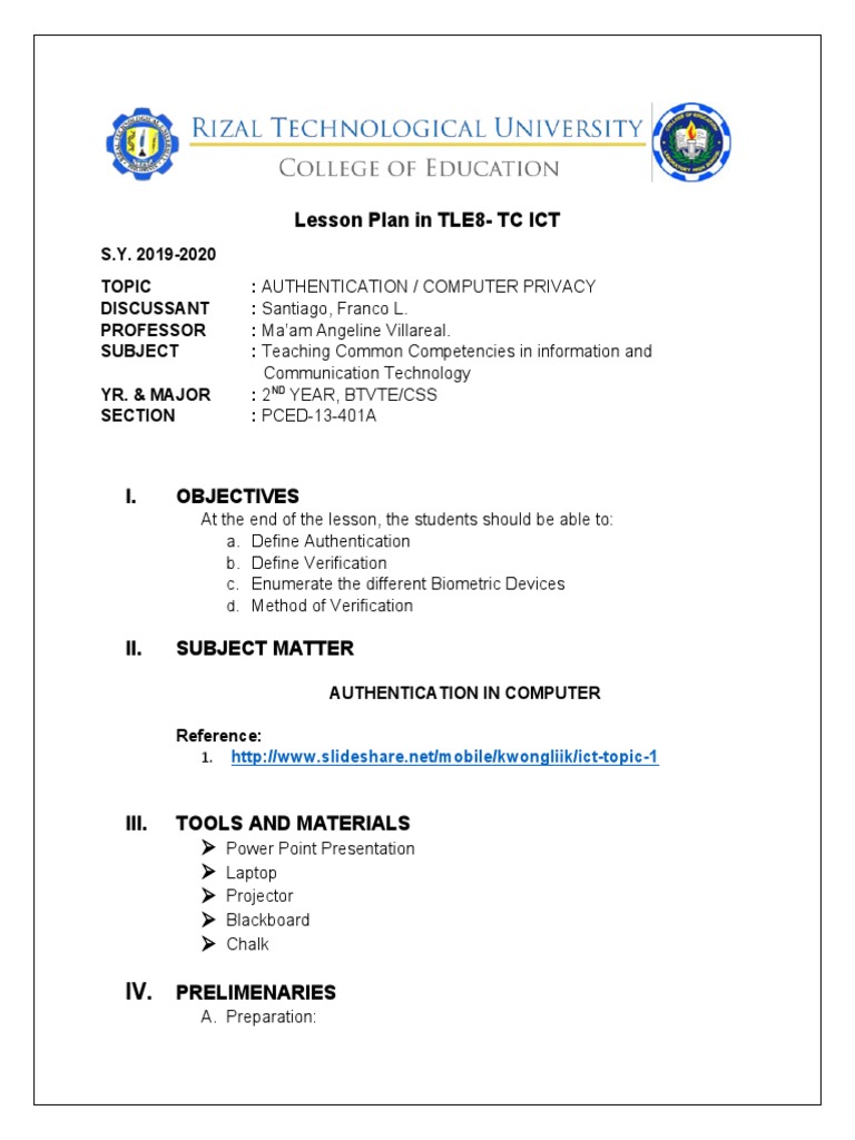 Lesson Plan in TLE8-TC ICT | Download Free PDF | Biometrics | Authentication