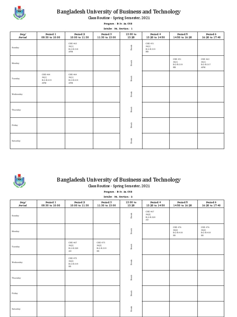 CSE Day Trimester Section Wise Routine (Spring-2021) | PDF | Academic ...