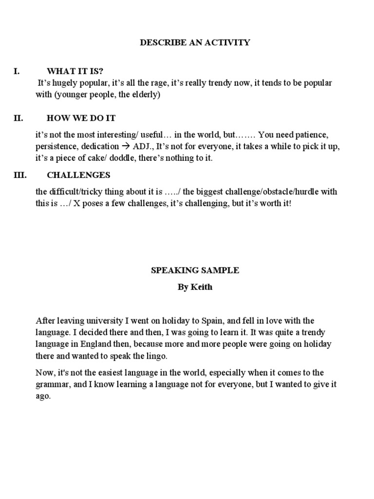 Describe An Activity I. What It Is? | PDF | Languages