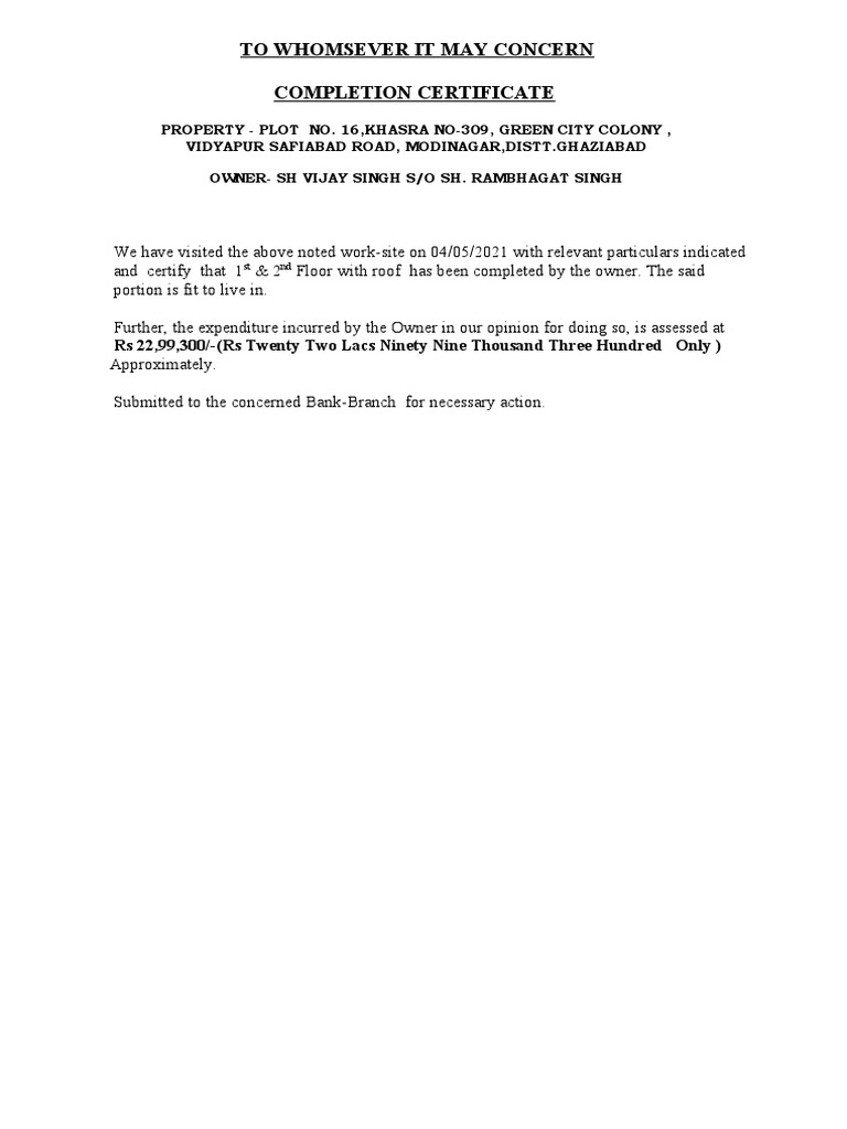 To Whomsever It May Concern Completion Certificate | PDF