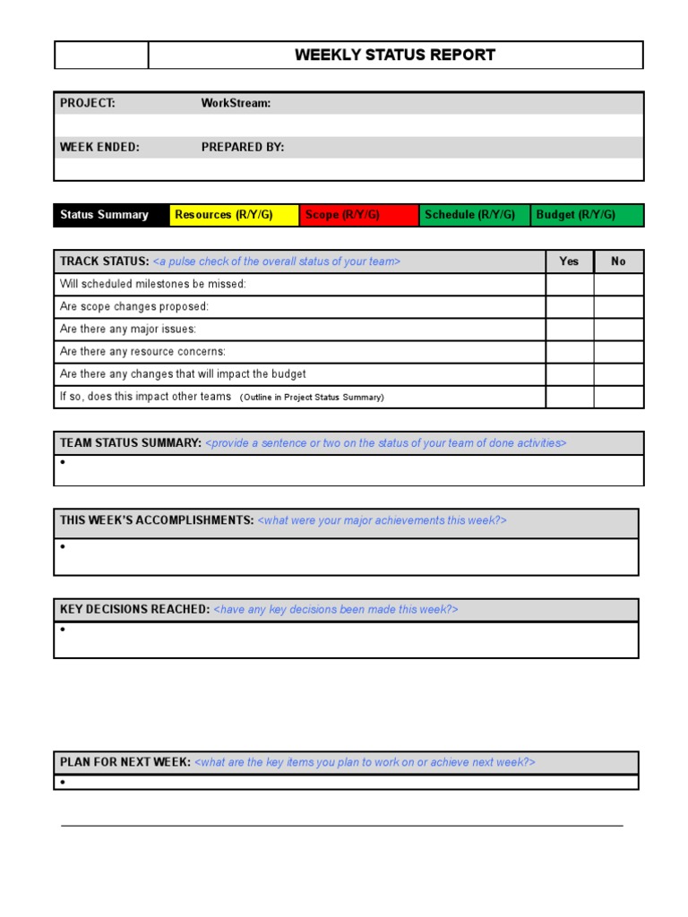 Weekly Status Report: Project: Workstream | PDF