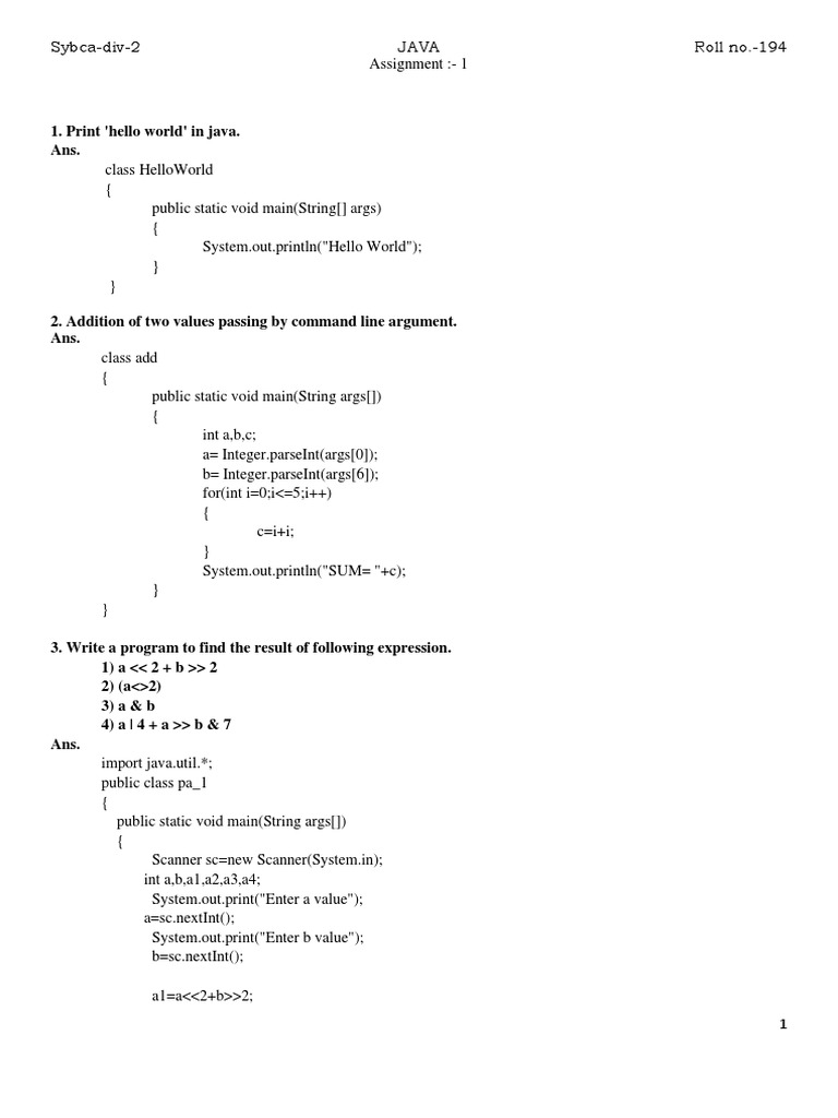 Print 'Hello World' in Java. Ans | PDF | Constructor (Object Oriented ...