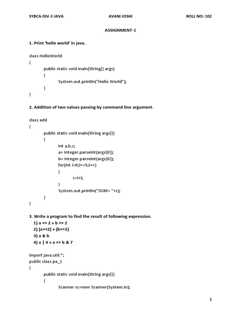Assignment-1 1. Print 'Hello World' in Java.: Sybca-Div-2-Java Avani ...