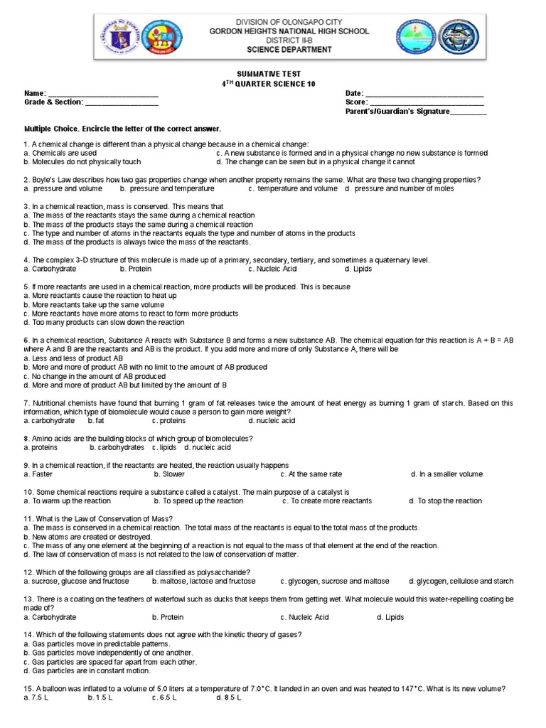 4th Quarter Science 10 Summative Test | PDF | Reaction Rate | Chemical ...